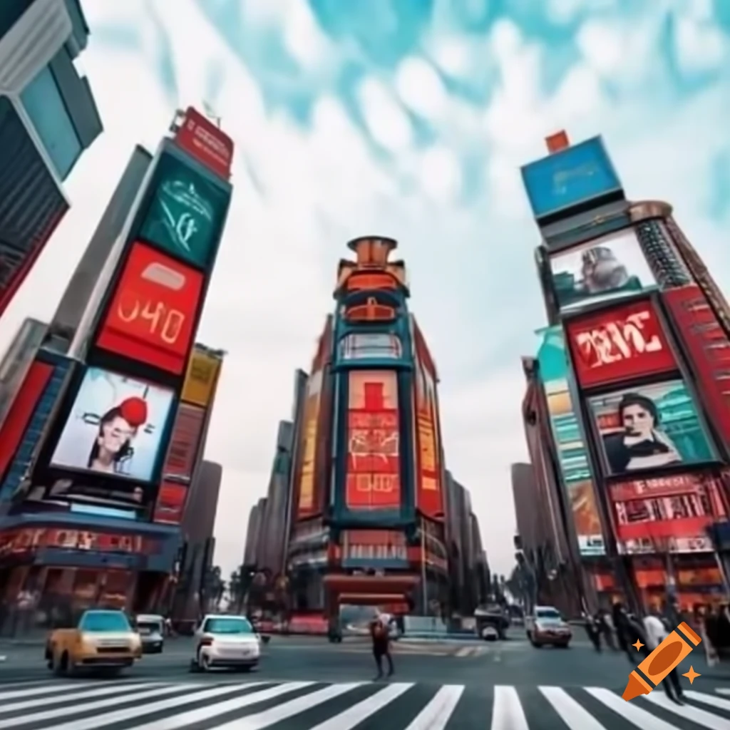 Busy Chinese city street corner with billboards in color photograph on ...