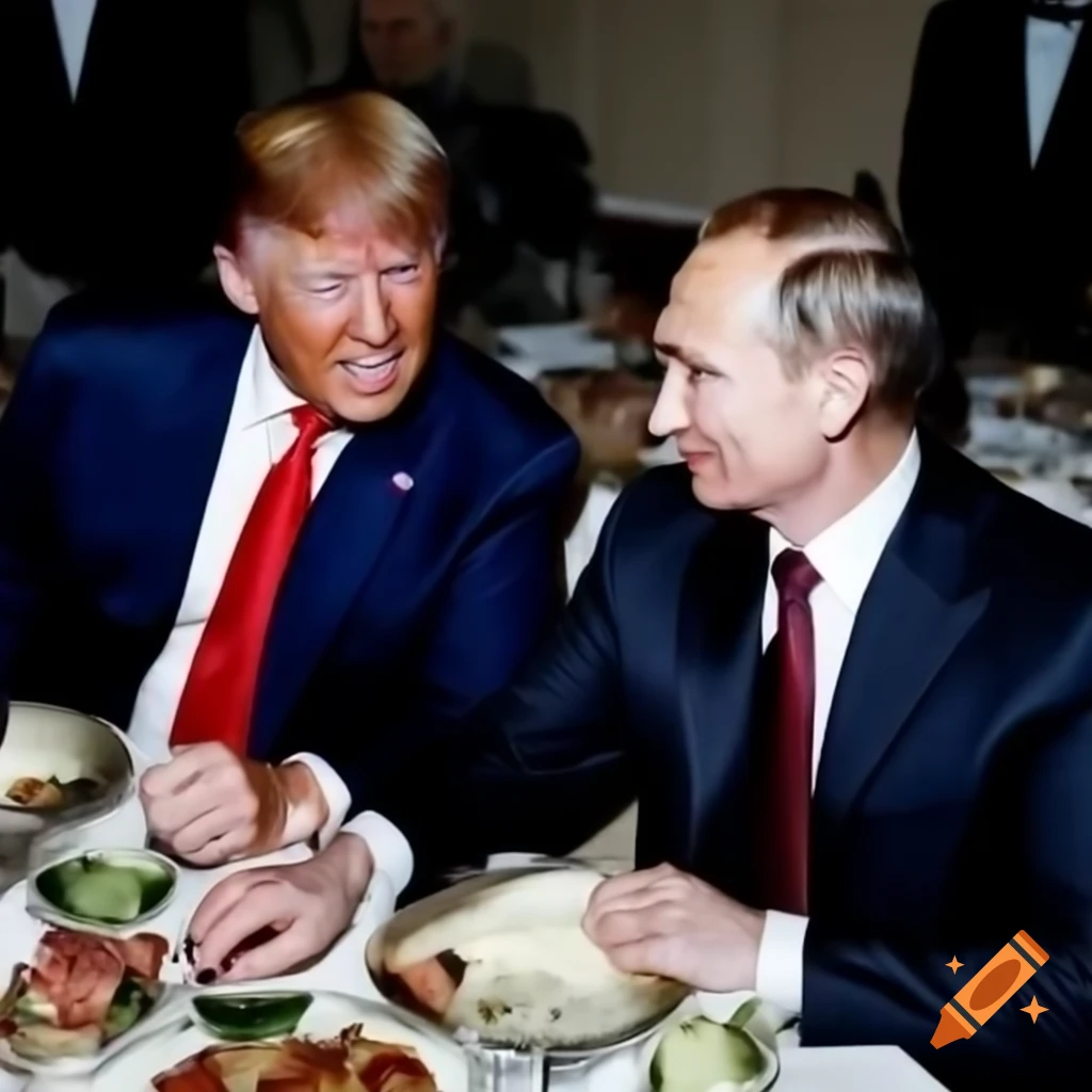 Donald trump and putin dining together in a cheerful atmosphere on Craiyon