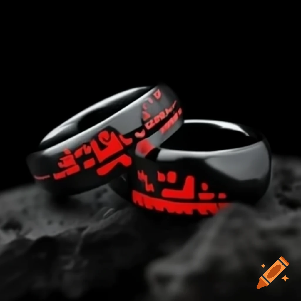Dual obsidian rings featuring red fairy language with an ominous ...
