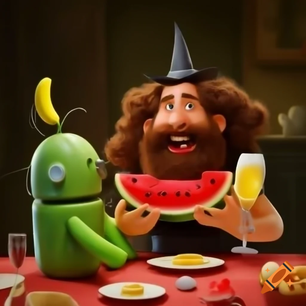 Cartoon of happy man eating watermelon and bananas with ai robot in ...