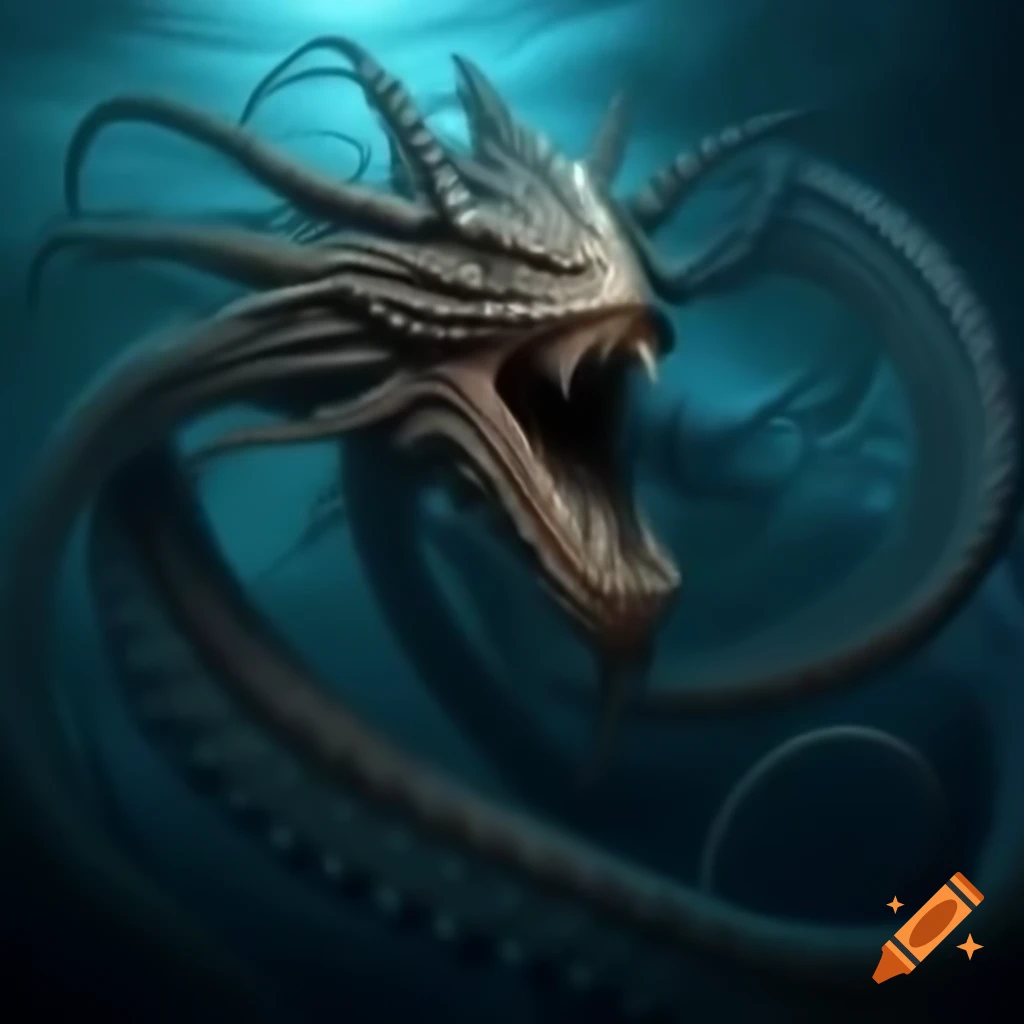 Massive leviathan creature with tentacles and teeth chasing diver in ...
