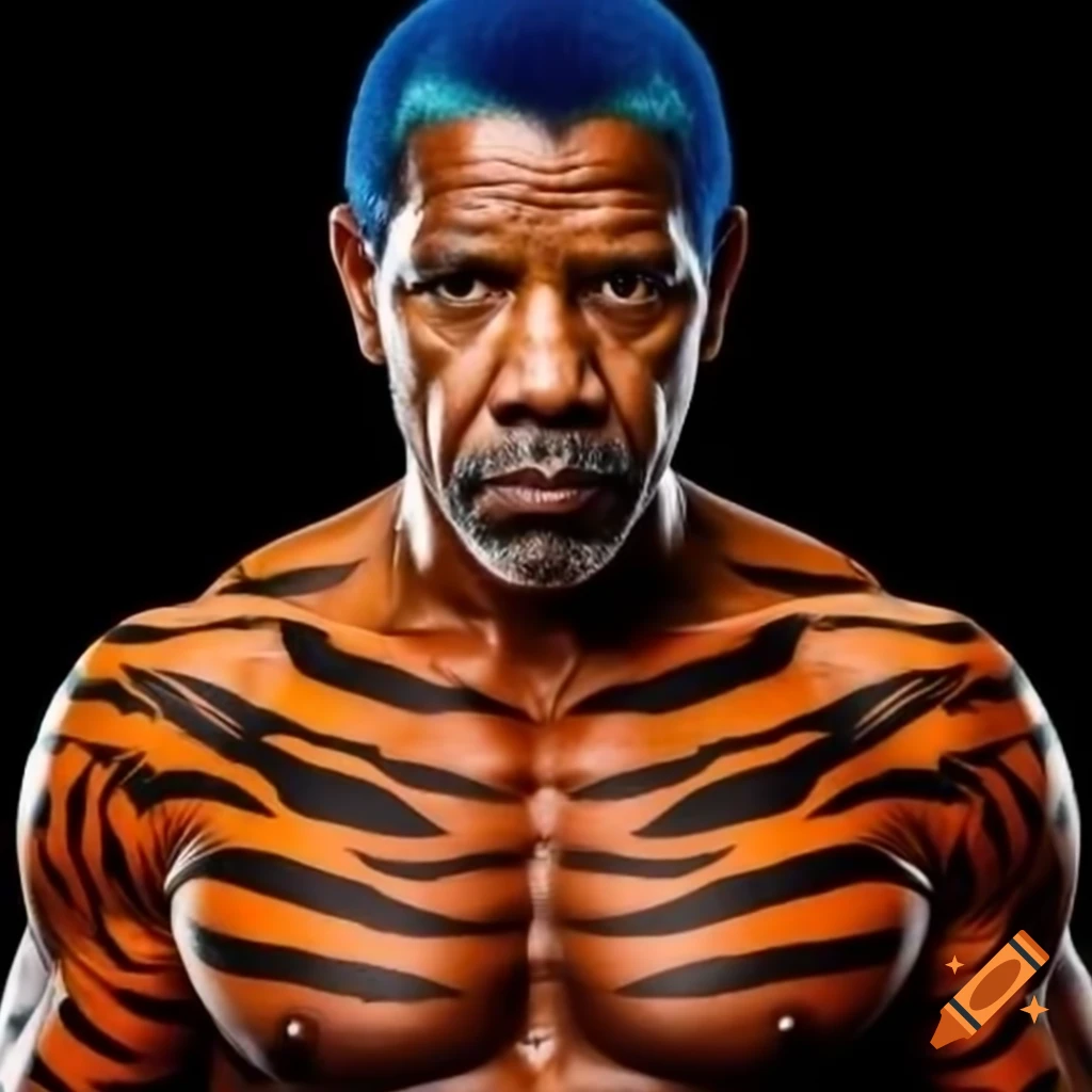 Muscular man with tiger-style makeup, blue hair and orange skin on Craiyon