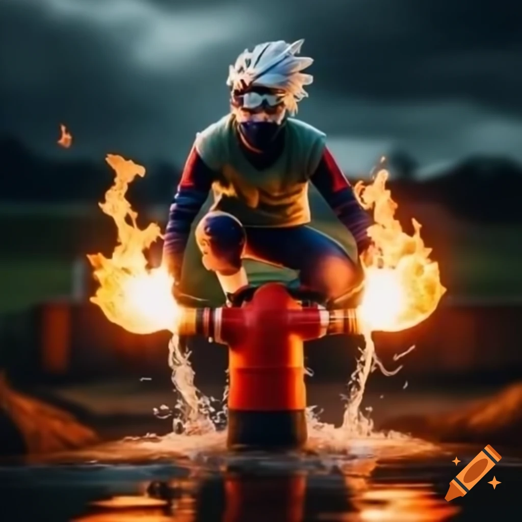 Kakashi kicking over fire hydrant splashing water onto farm on Craiyon