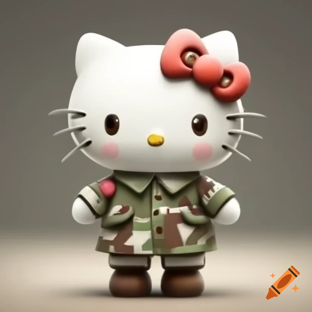 Hello kitty in us army outfit with boots, complete drawing on Craiyon