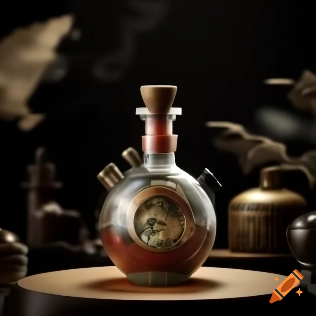 Renaissance potion bottle in Meiji Japan with steampunk design in dark ...