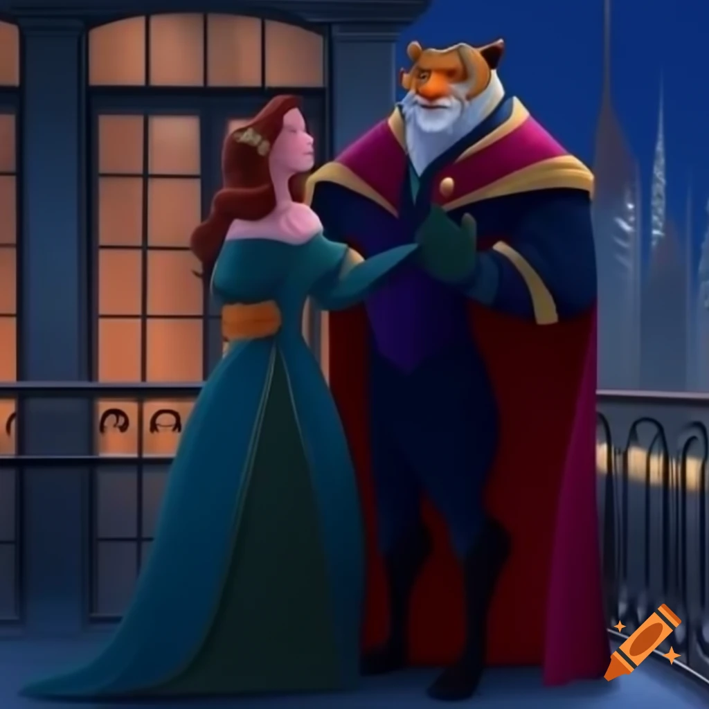 Beauty and the beast on balcony of modern glass building, elegant scene ...