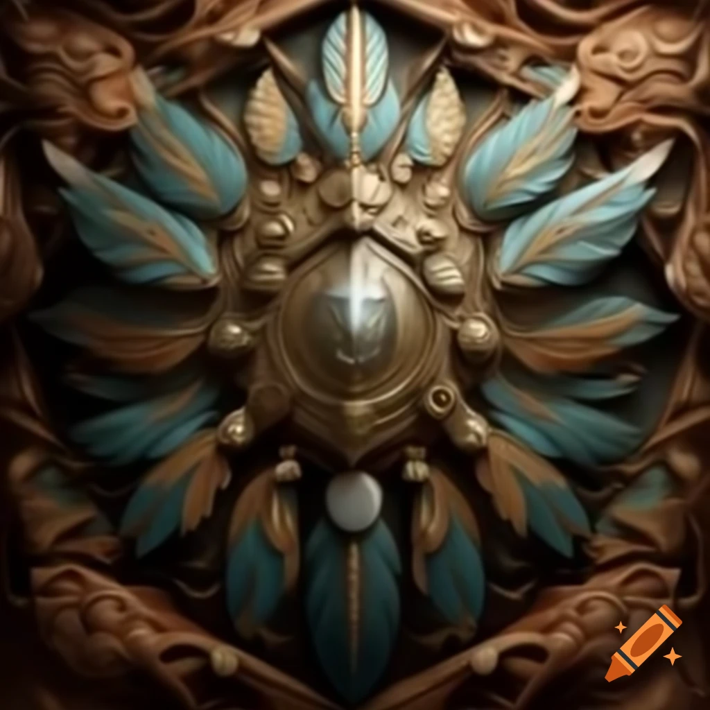 Decorative European shield made of feathers with jewel tone patterns on ...