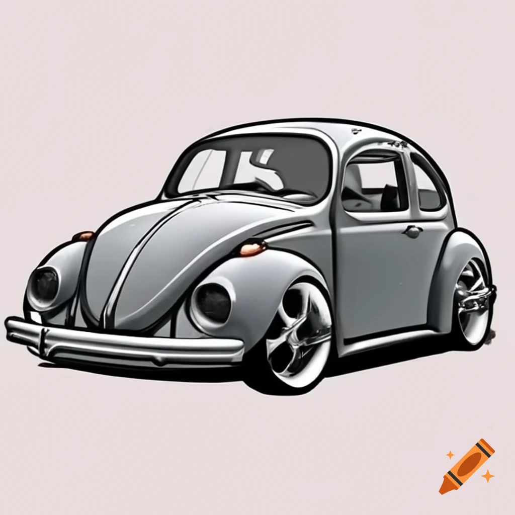 Cartoon-style dark grey VW Beetle with 8 spoke wheels on Craiyon