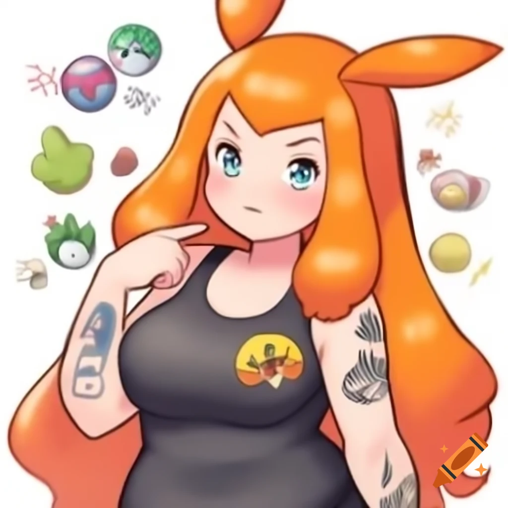 Animated female Pokemon trainer with long orange hair and tattoos on ...