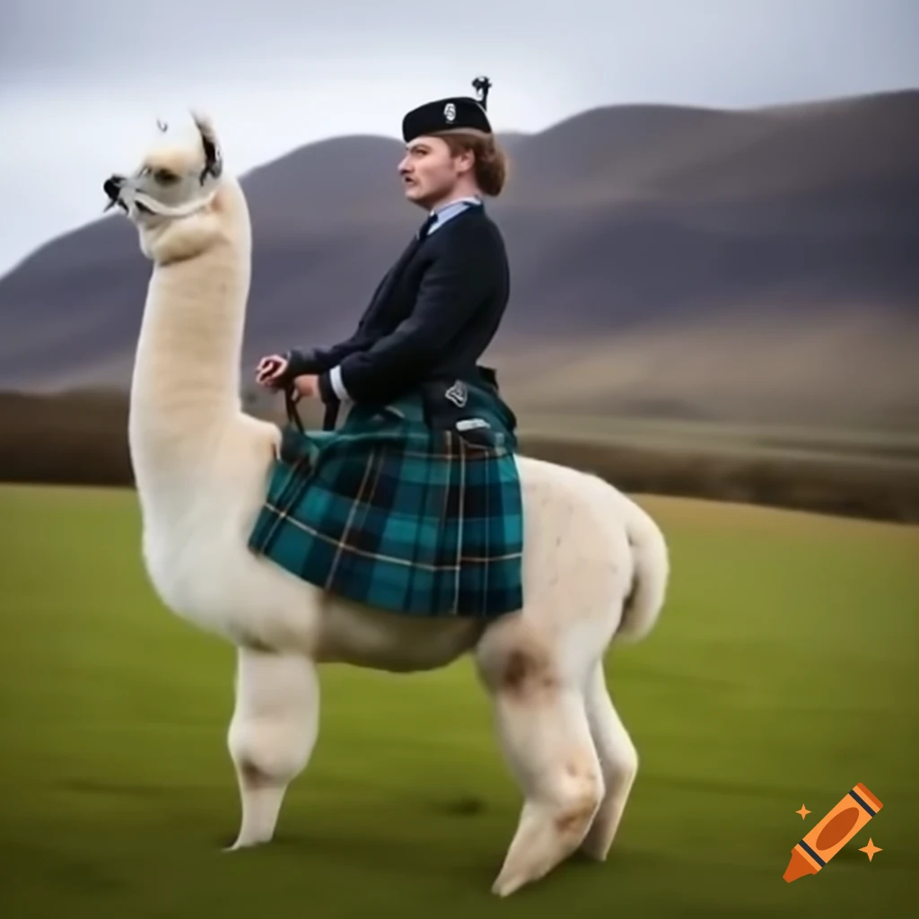 Scottish person riding an alpaca in a glorious pose on Craiyon