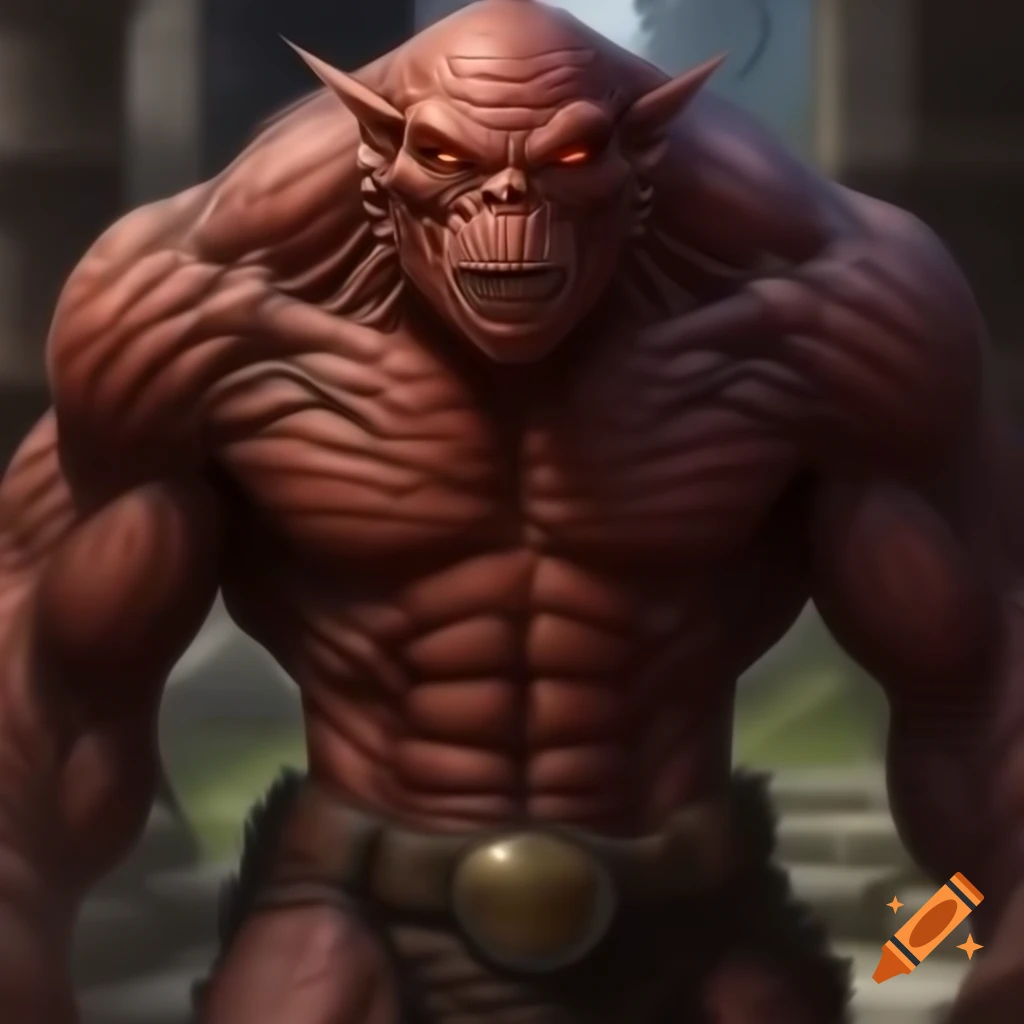 Muscular creature with reddish, rock-like skin in heavy metallic armor ...