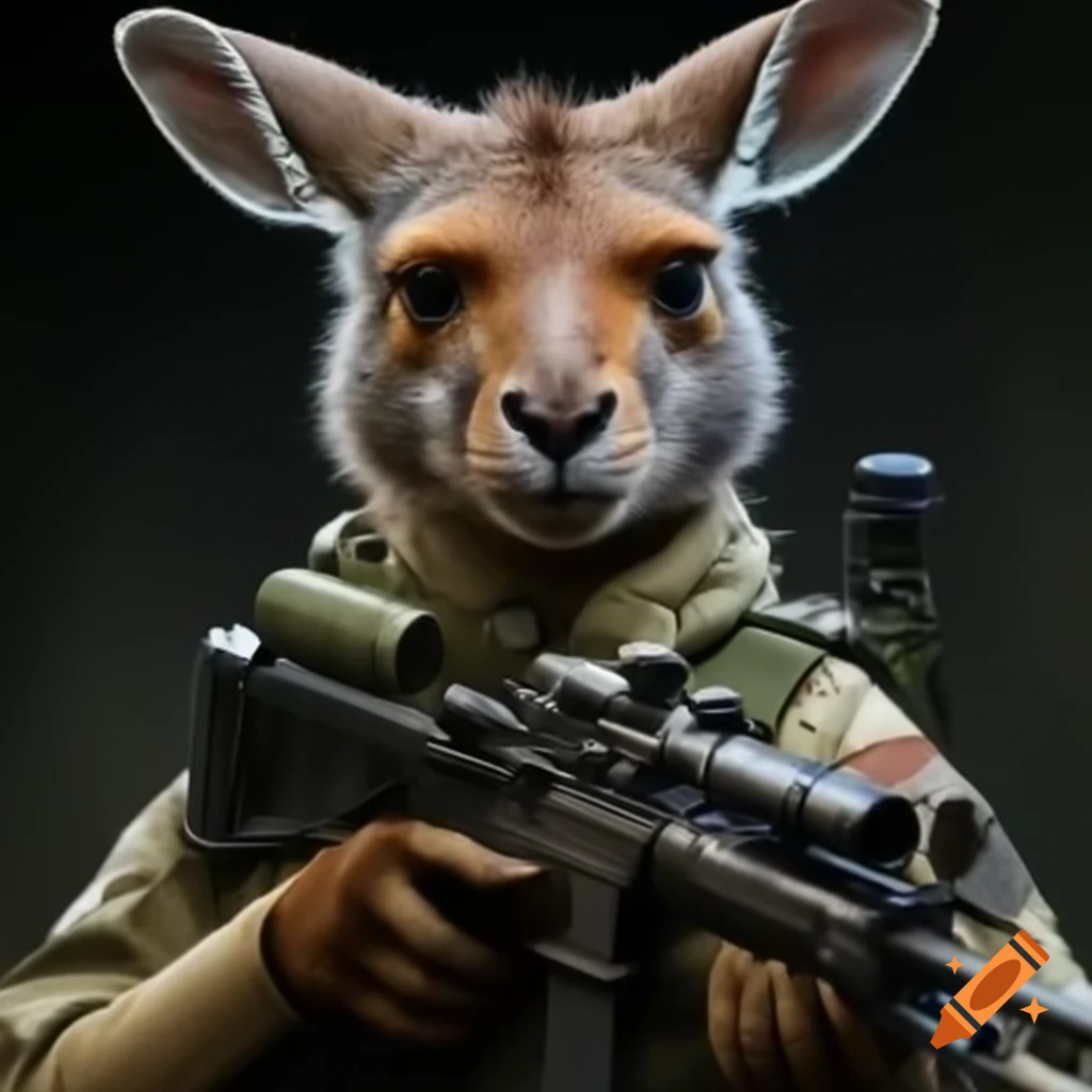 Kangaroo in military gear holding a sniper rifle on Craiyon