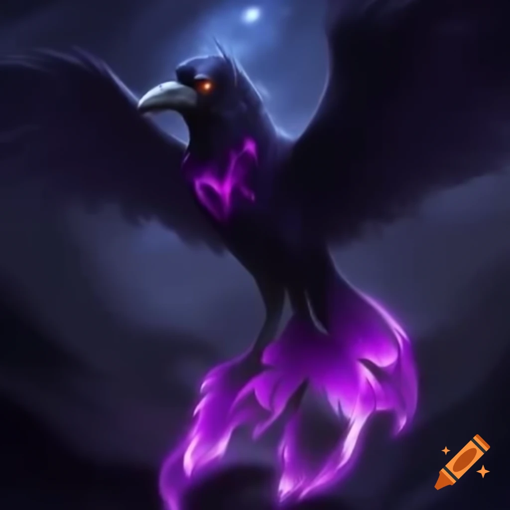 Mystical raven in flight with glowing wings and purple heart-shaped ...
