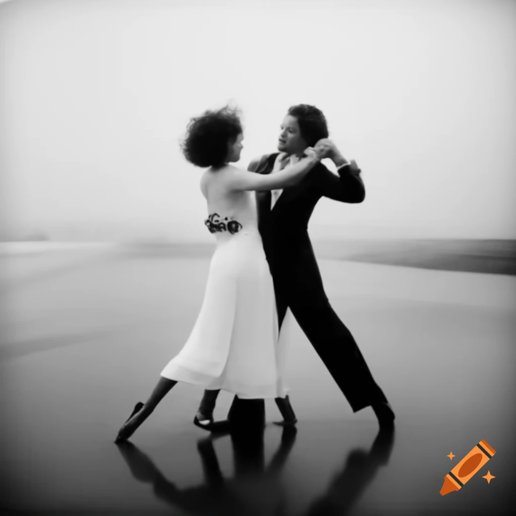 Married couple dancing tango on foggy beach with wind, pinhole camera ...