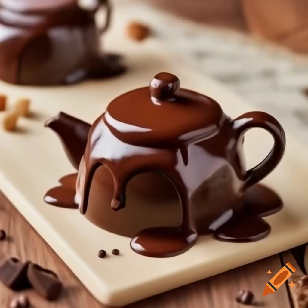 Melting chocolate teapot creating a delicious dessert scene on Craiyon