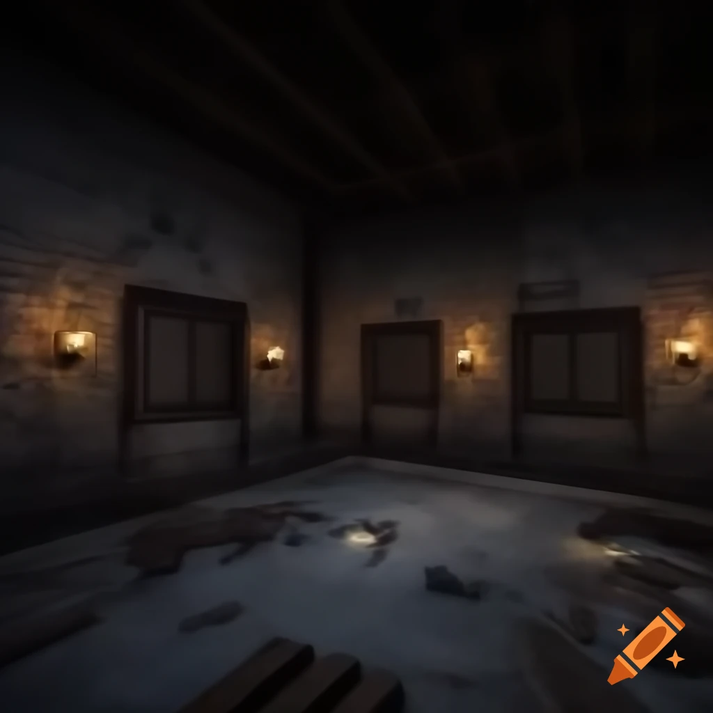 Dimly lit dark room with stone walls and medieval-style lighting on Craiyon