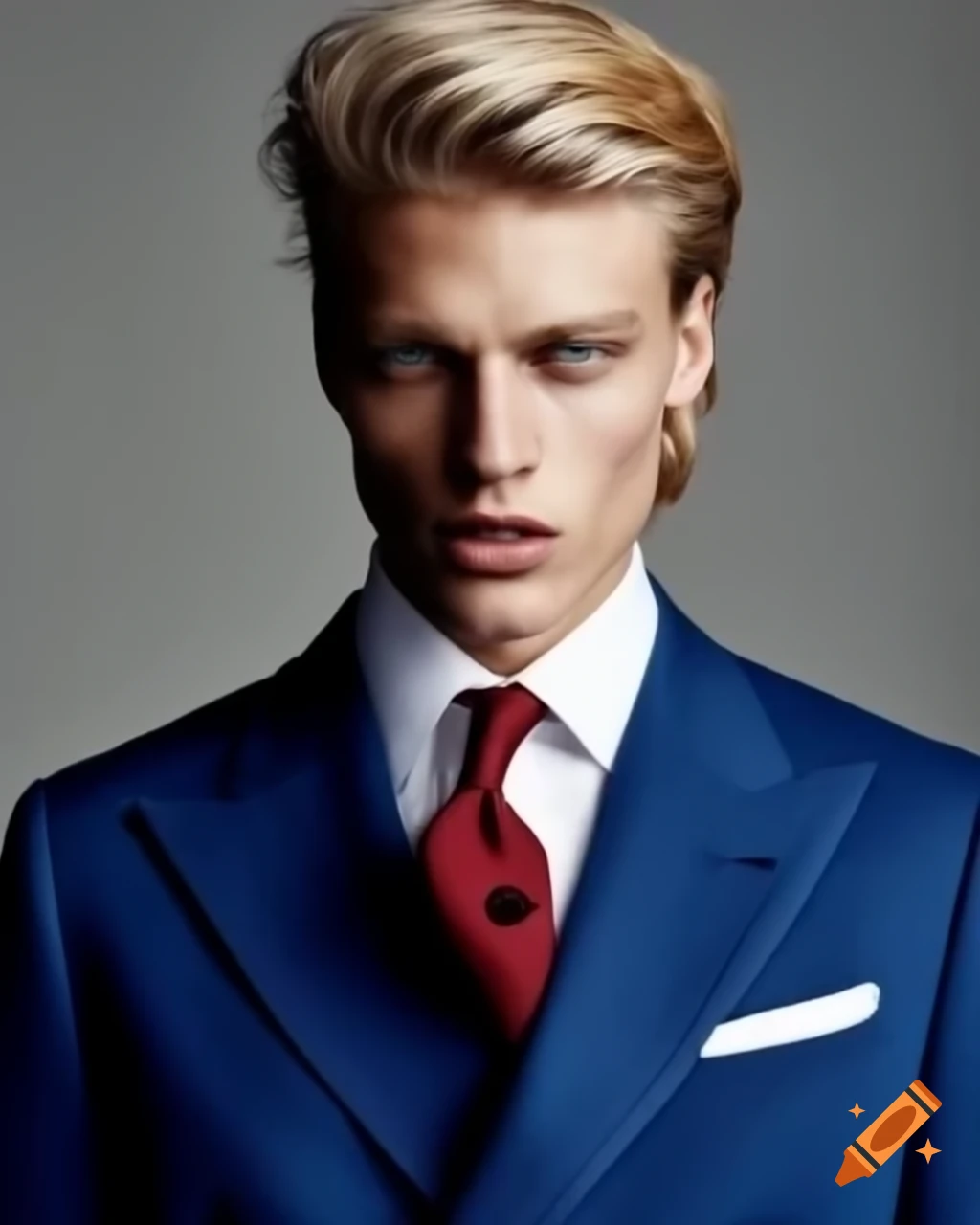 European man in blue suit and red dotted tie, side part hairstyle on ...