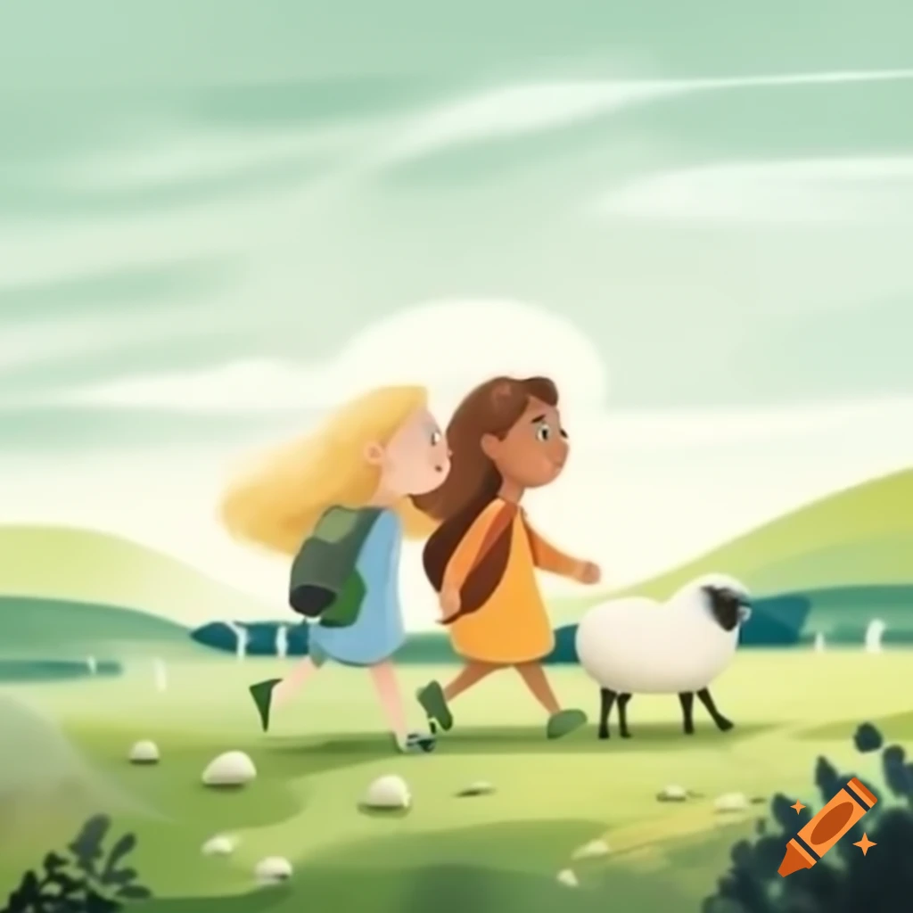 Two girls and a sheep in a friendly fantasy world on Craiyon