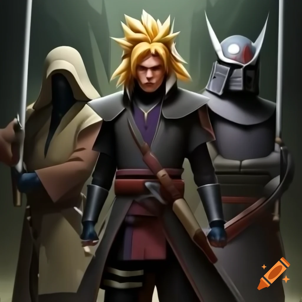 Fusion character of minato namikaze, templar knight, and saiyan armor with sword on Craiyon