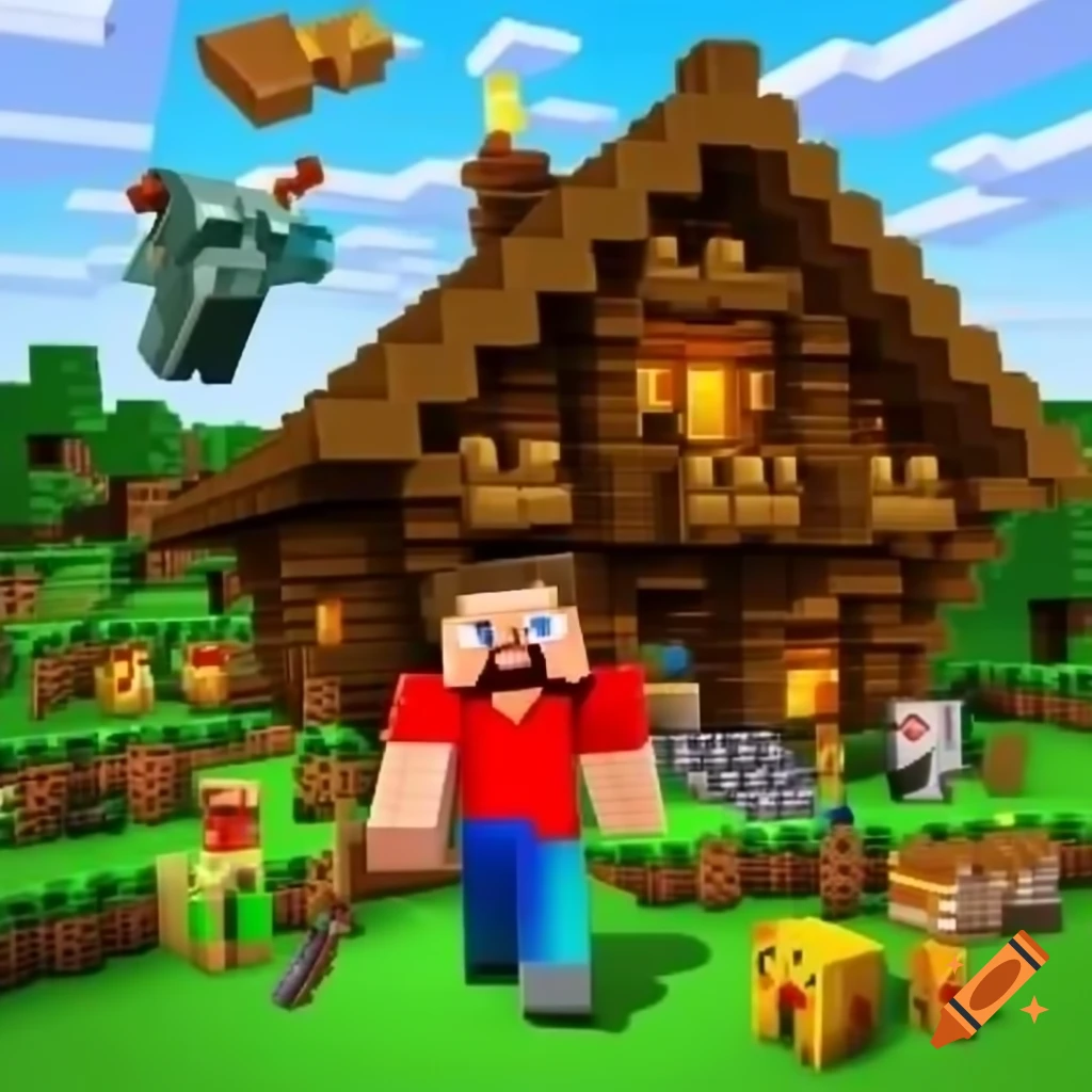 Minecraft character in red hoodie with wooden house, villagers, cows ...
