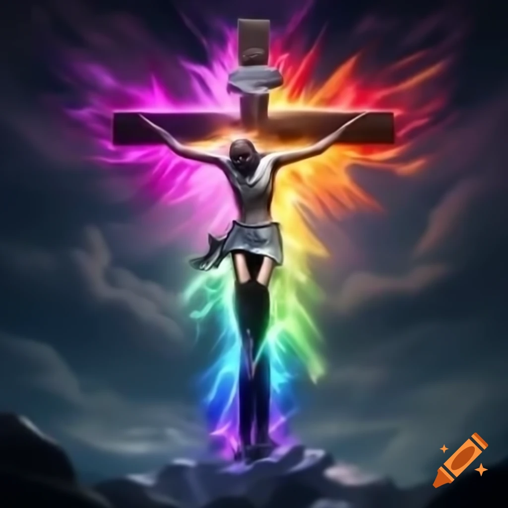 Vibrant sky with rainbow burst featuring a crucifix in a Final Fantasy ...