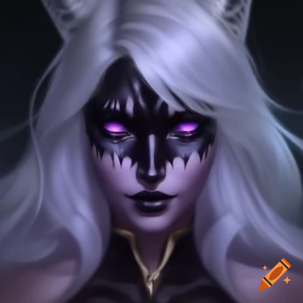 Female Drow with obsidian skin, purple eyes, and fox masquerade mask on ...