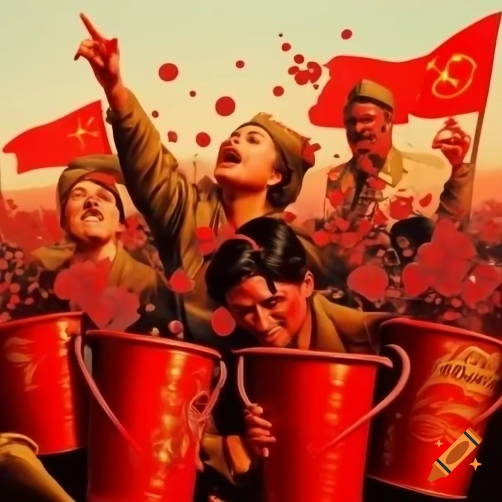 Vintage Soviet propaganda poster featuring people splashing red paint ...