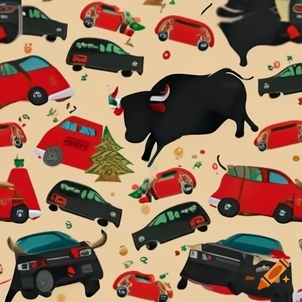 Black Spanish bulls and cars design on Christmas wrapping paper on Craiyon
