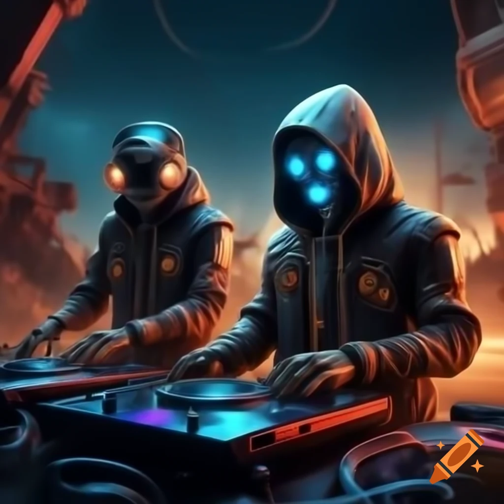 Cyborgs behind DJ set at vibrant futuristic festival with post ...