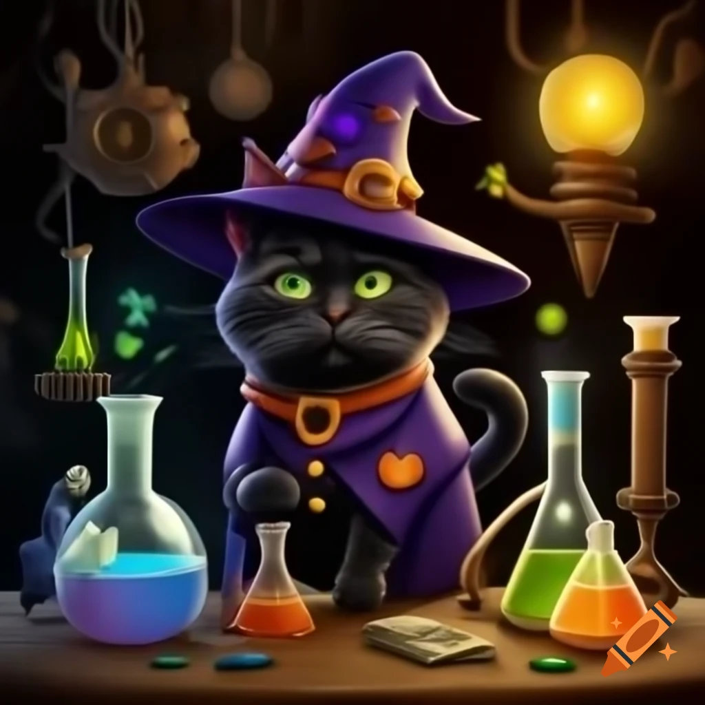 Black cat in witch's hat and lab coat experimenting with magical ...