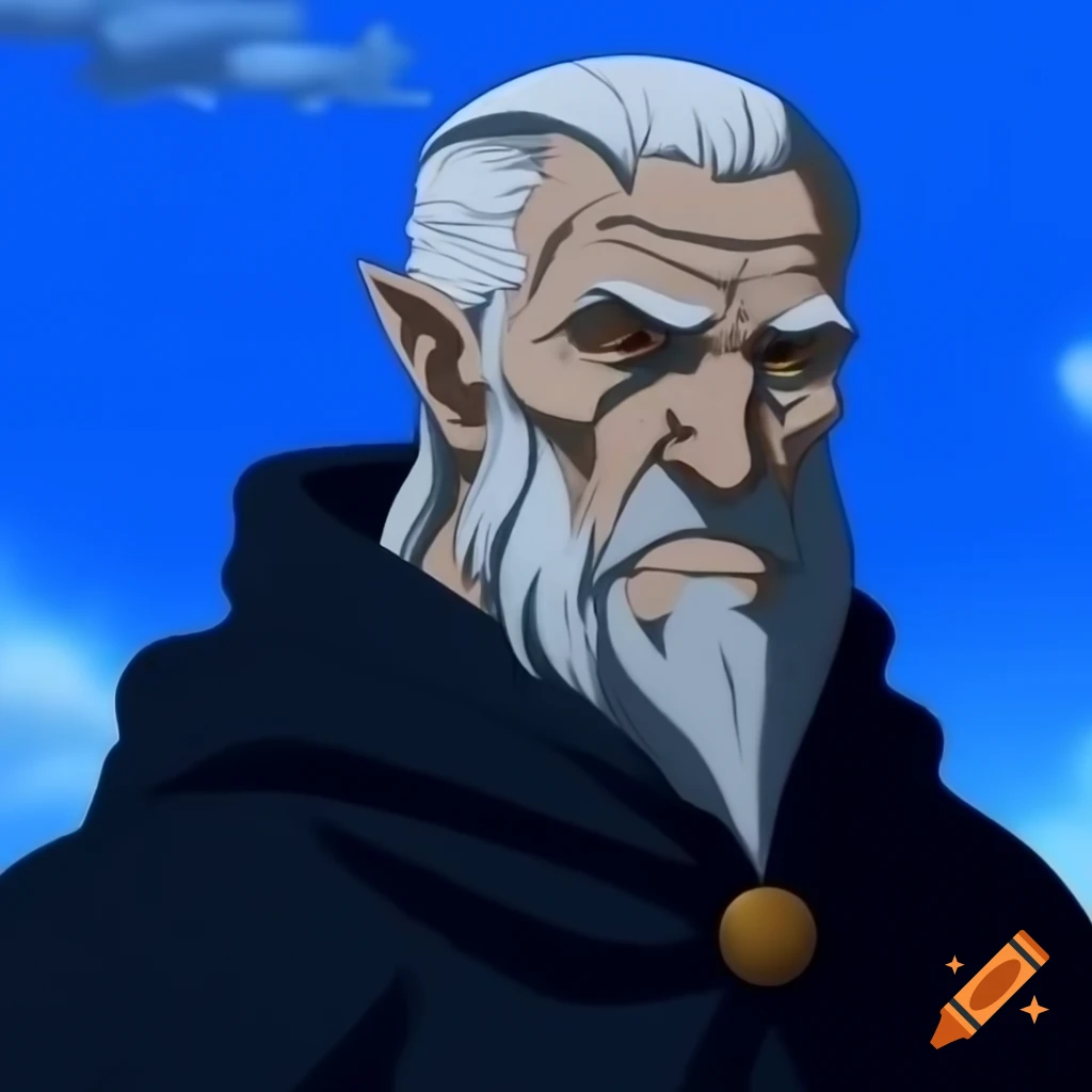 Elderly male necromancer in dark robes against blue sky, high contrast ...