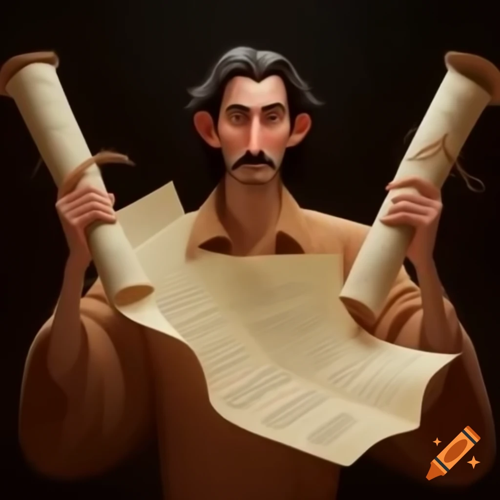 Brunette man with long paper scroll in cartoon style on Craiyon