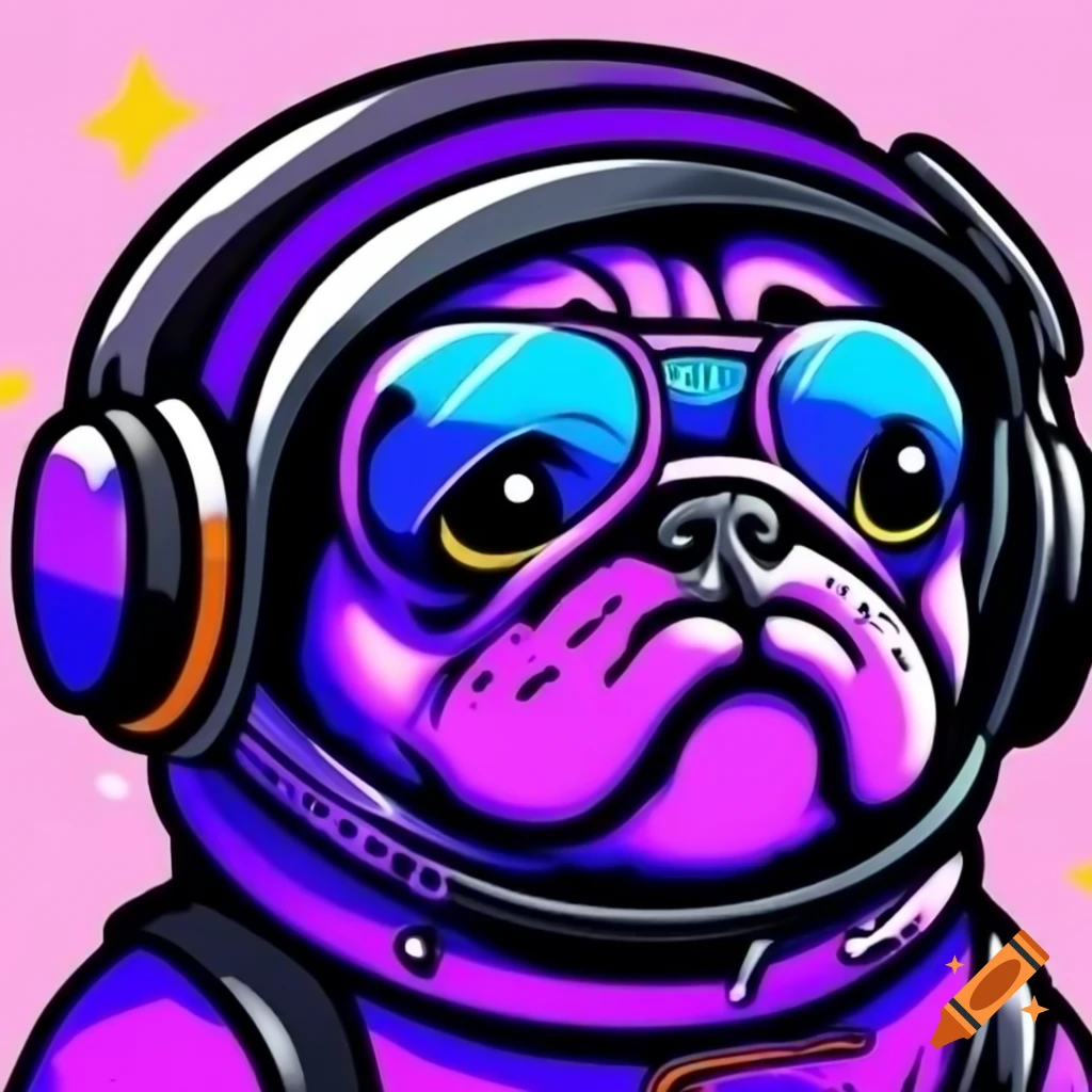 8-bit cartoon logo of astronaut pug in purple space suit with ...