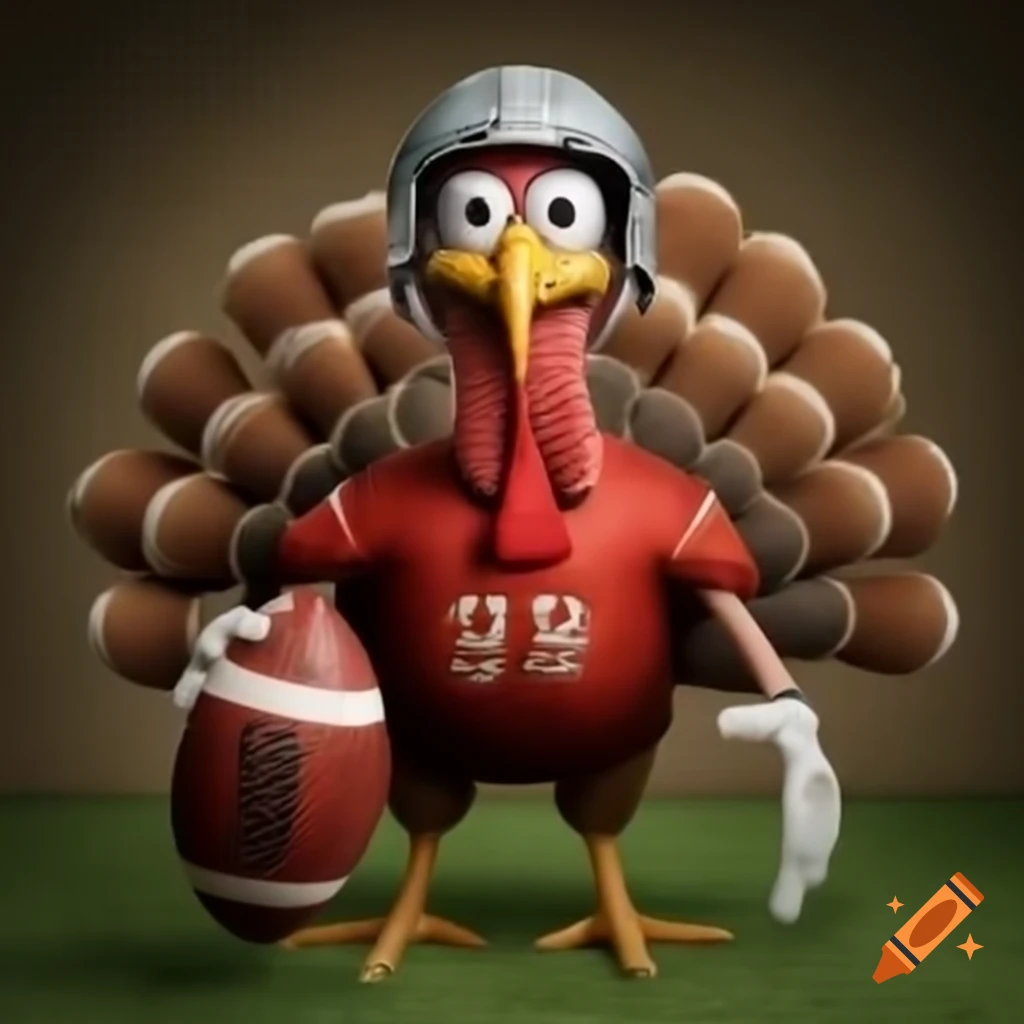 Turkey in NFL football uniform holding football with shocked expression ...