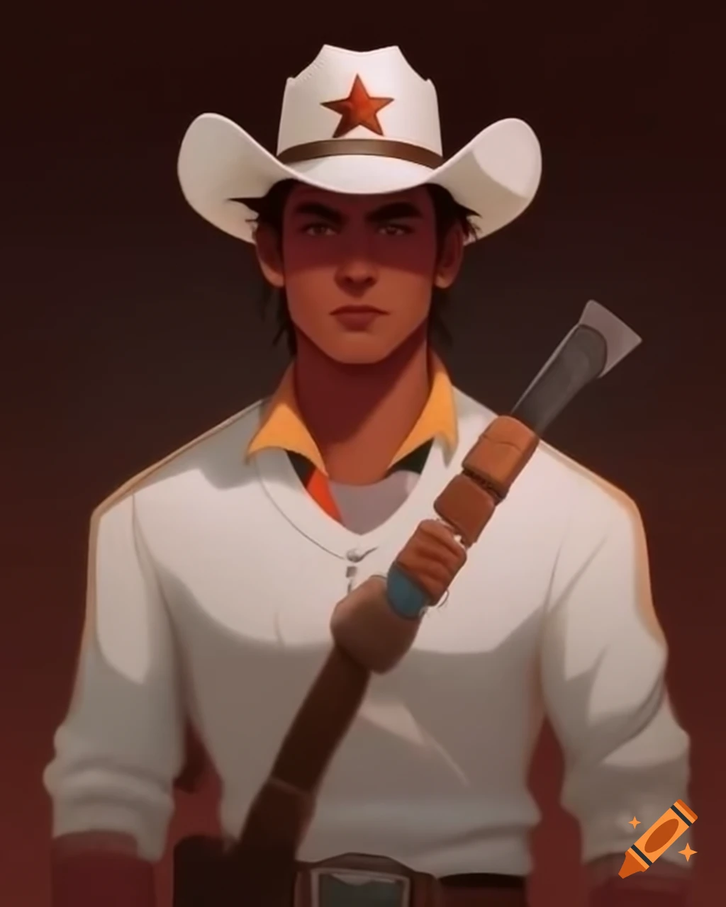 Man wearing white cowboy hat and sweater with a pistol belt on Craiyon