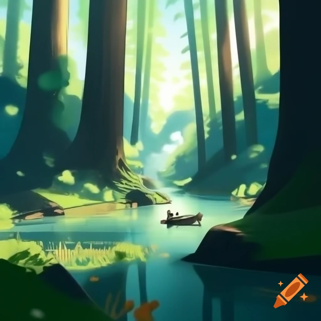 Serene river flowing through lush green forest with sunlight filtering ...