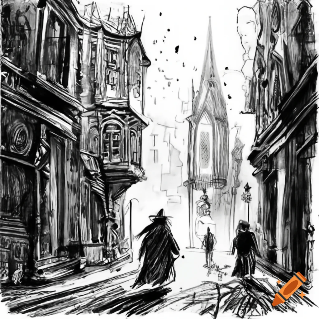 Monochromatic pen and ink drawing of gothic buildings in narrow ...