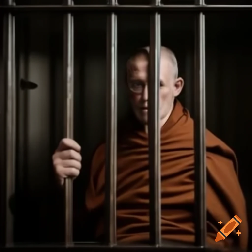 Irish monk in chocolate brown robe behind prison bars on Craiyon
