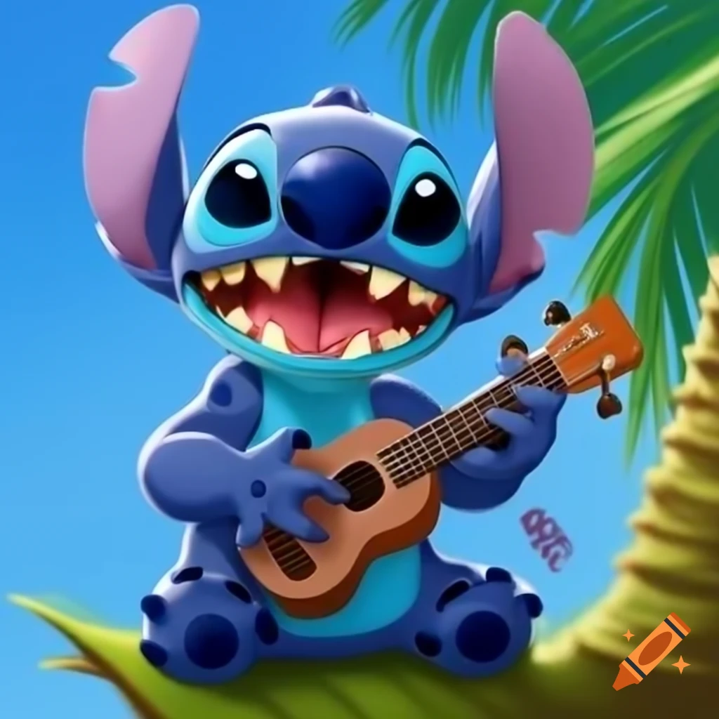 Stitch character playing ukulele on palm tree on Craiyon