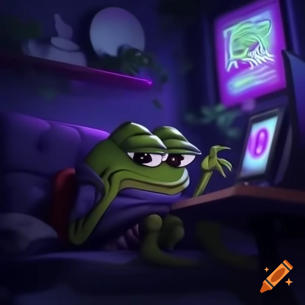 Female pepe the frog character in cozy gaming room, looking tired at ...
