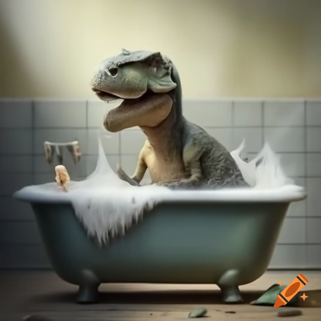 Tyrannosaurus rex enjoying a foam bath with leg visible on Craiyon
