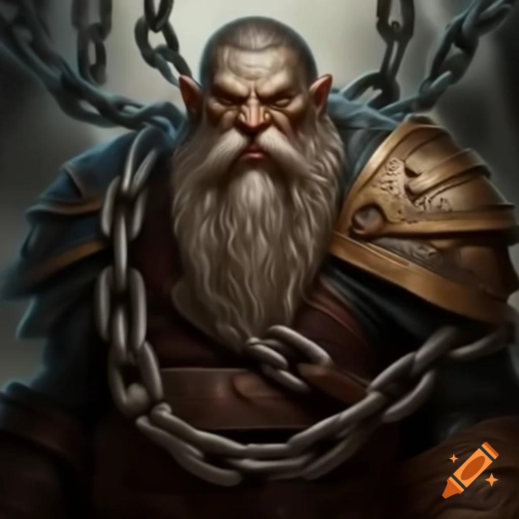 Gray-skinned dwarf in armor with large chains around neck on Craiyon