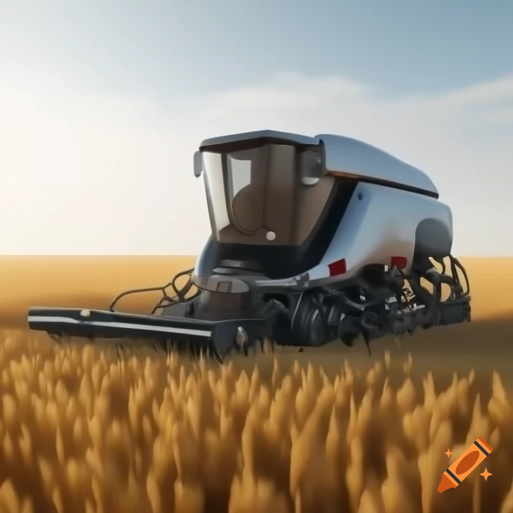 Futuristic autonomous agricultural harvesting robot in golden wheat field on Craiyon