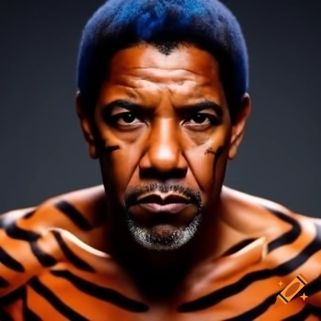 Muscular man with tiger-style makeup and blue hair, featuring orange ...