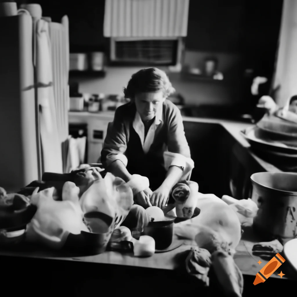 Female hoarder in cluttered kitchen setting on Craiyon