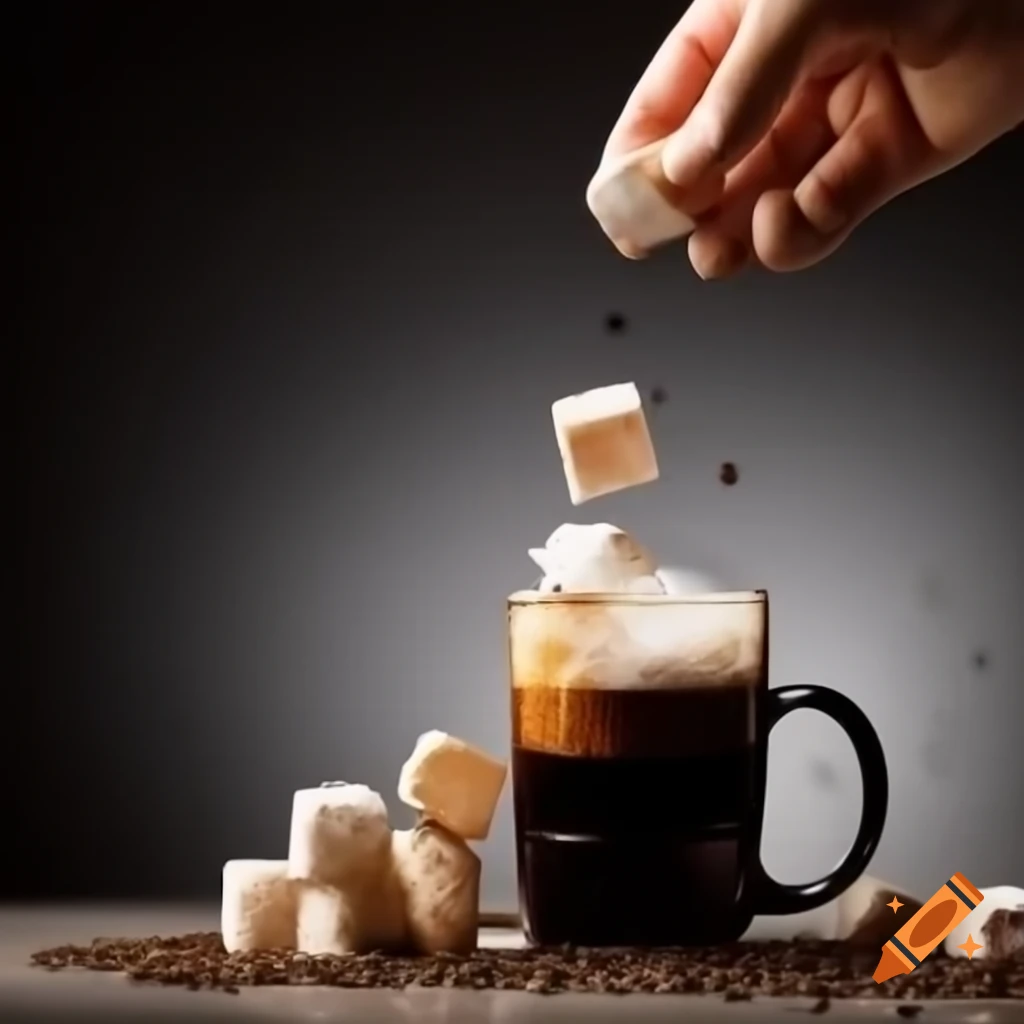 Bruised hand dropping sugar cubes into coffee mug on Craiyon