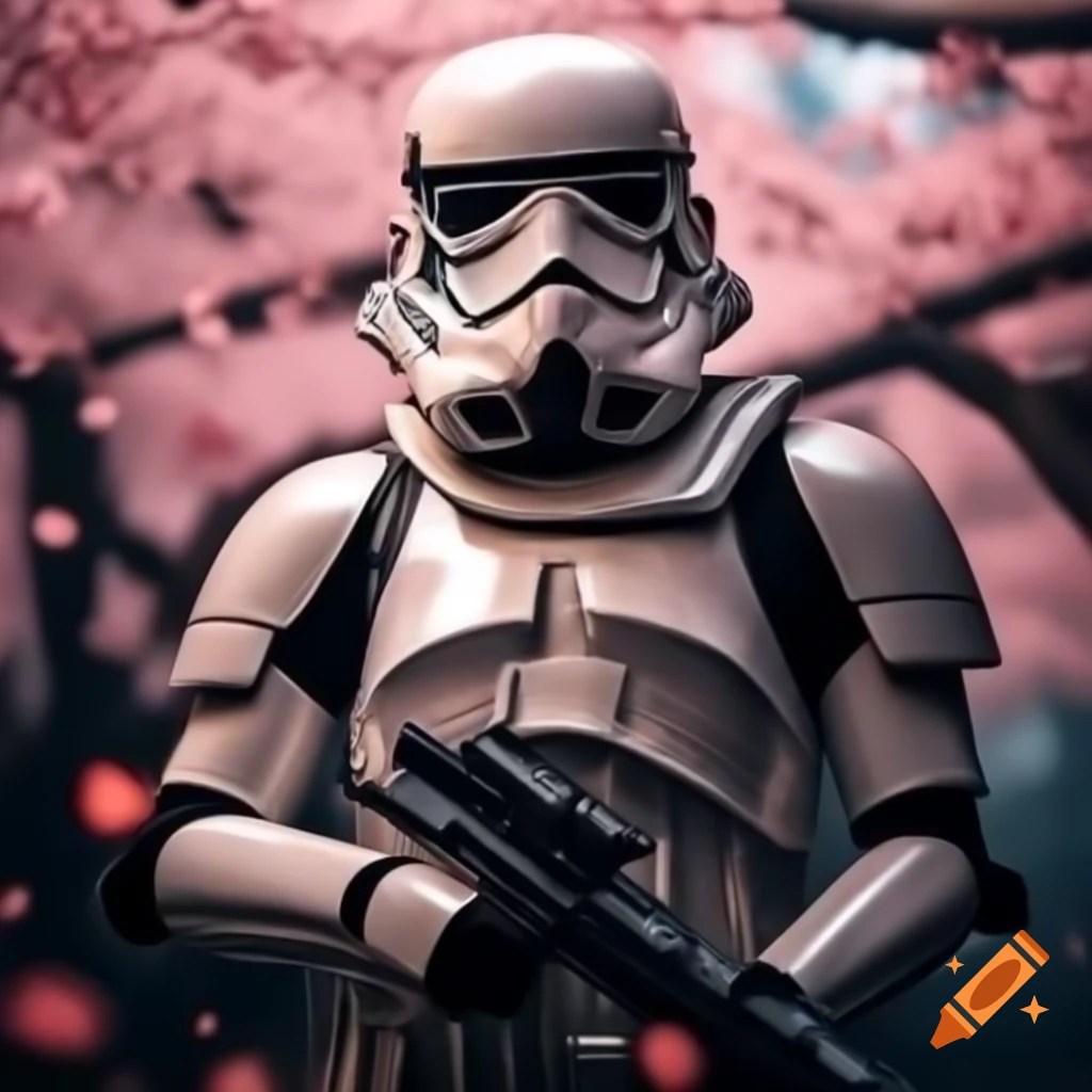 Stormtrooper in white armor beneath cherry blossom tree with falling ...