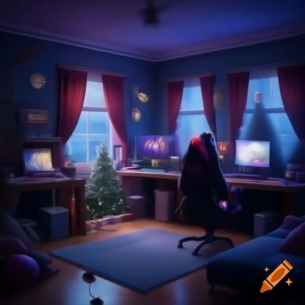 Cozy Christmas-themed gaming room with festive decorations on Craiyon