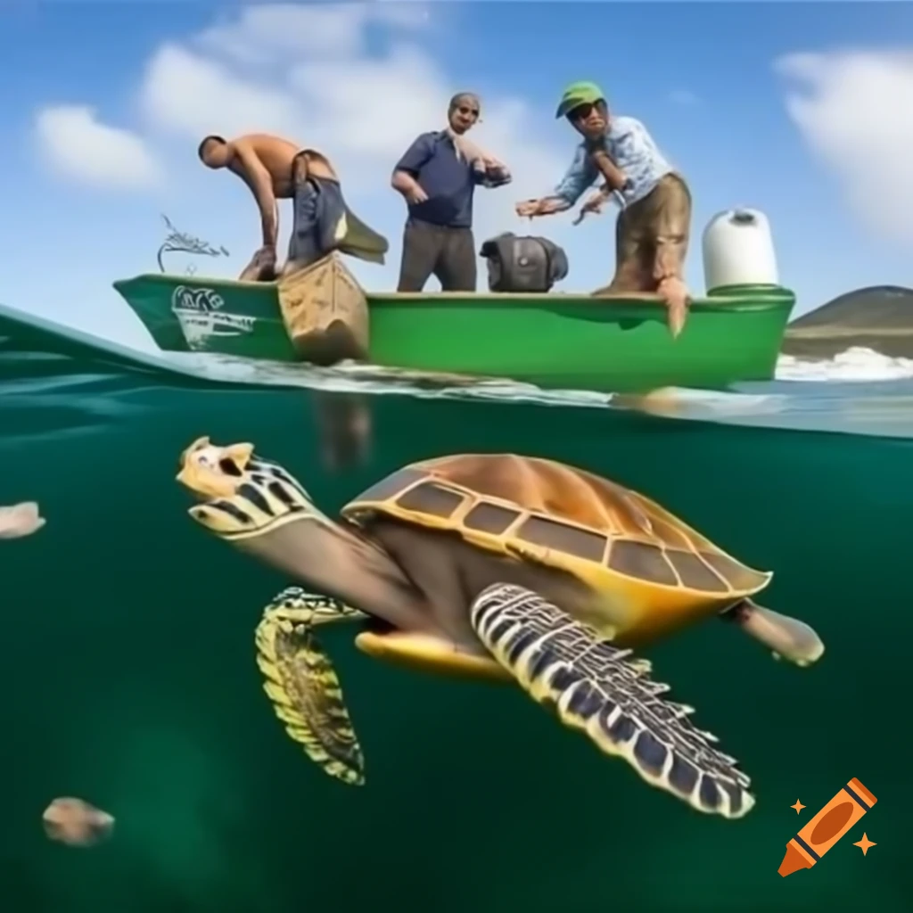 Fishermen lifting turtles into green boat surrounded by ocean debris on ...