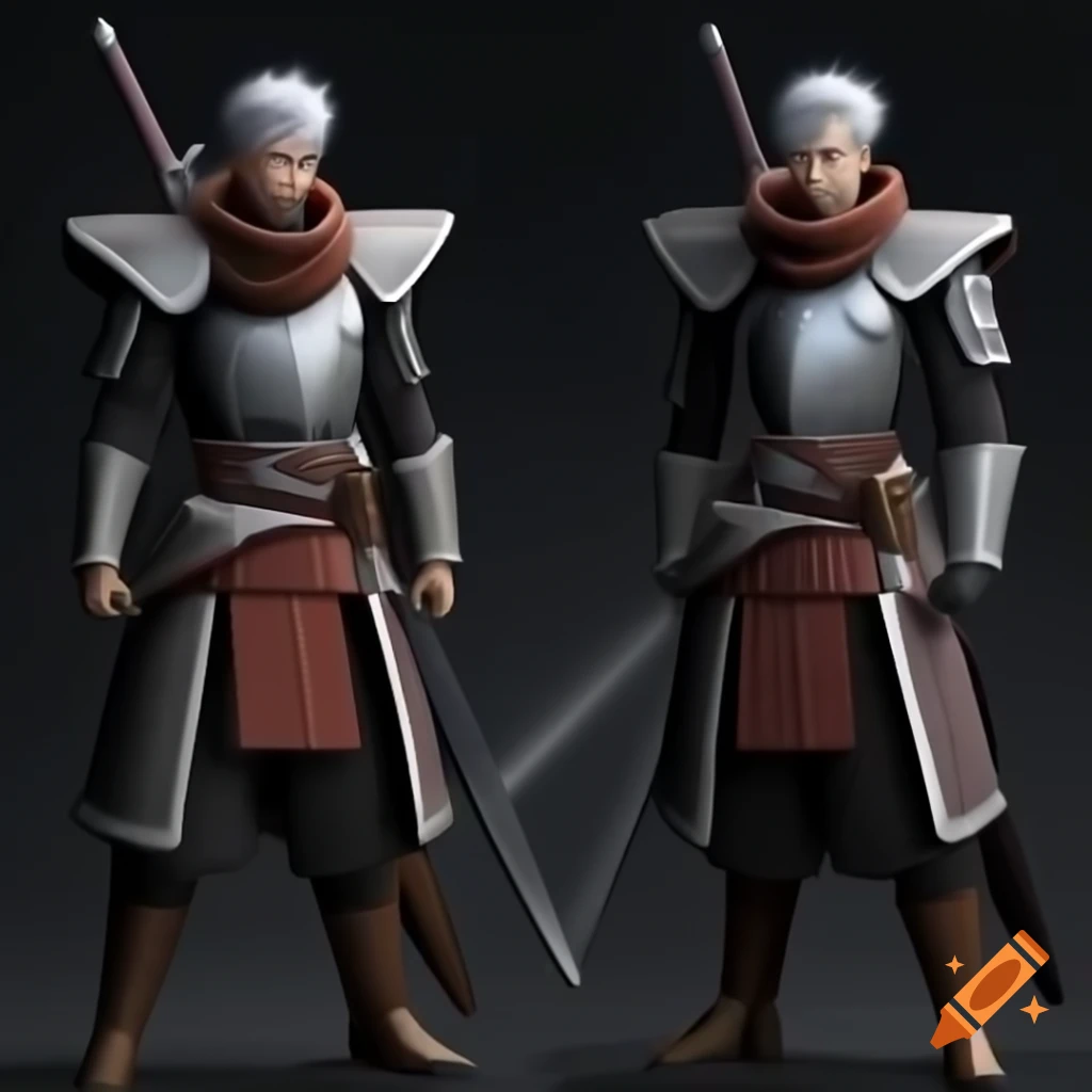 Fusion character of Satoruu Gojo and Templar knight in Saiyan armor wielding a sword on Craiyon